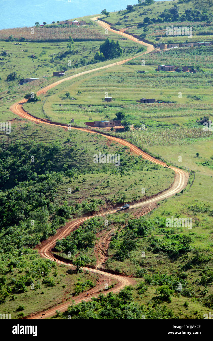 Aerial view winding unsealed road Komati Valley northern Swaziland ...