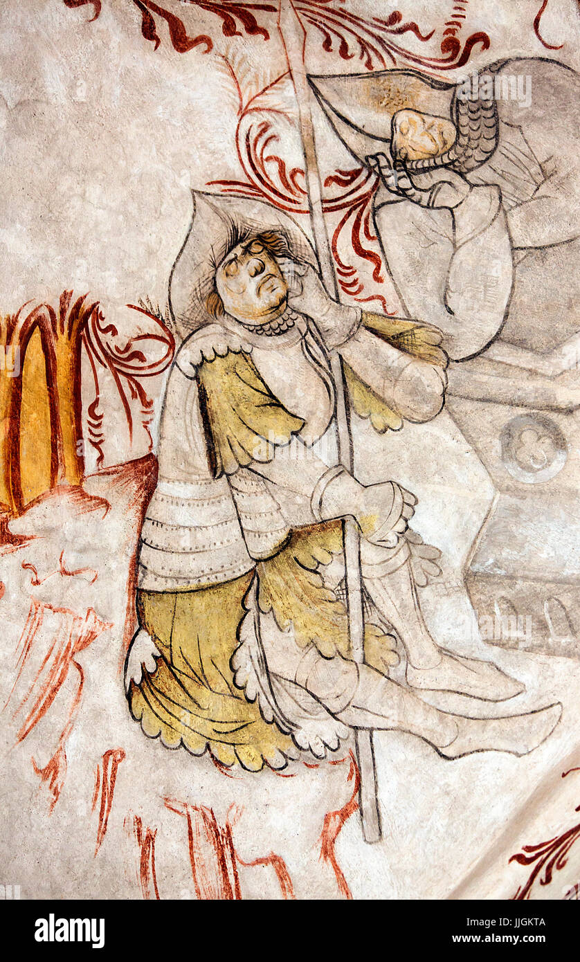 Danish nedieval religious fresco in Undloese Church depicting a ...