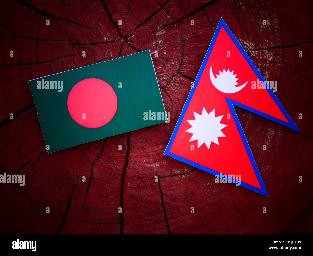 Bangladesh flag with Nepali flag on a tree stump isolated Stock Photo ...
