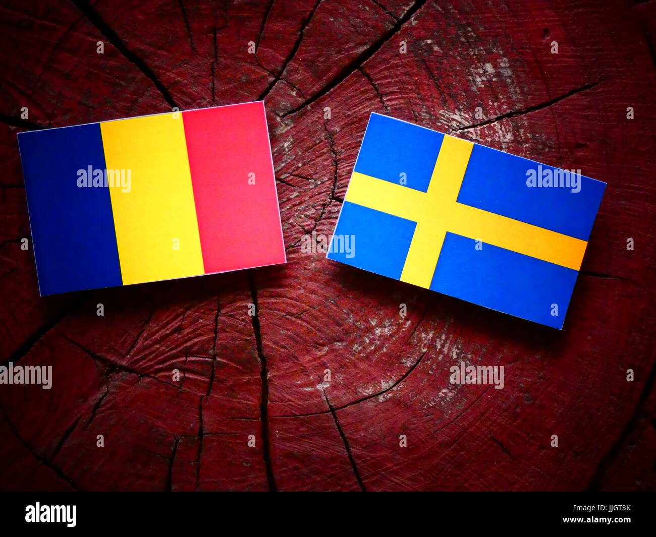 Chad flag with Swedish flag on a tree stump isolated Stock Photo - Alamy