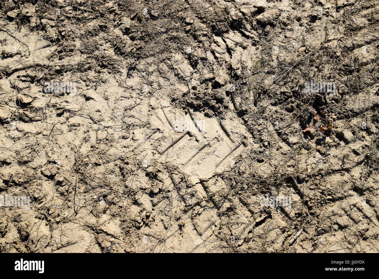 different wheel tracks in dried soil, tire prints in a dry clay soil ...