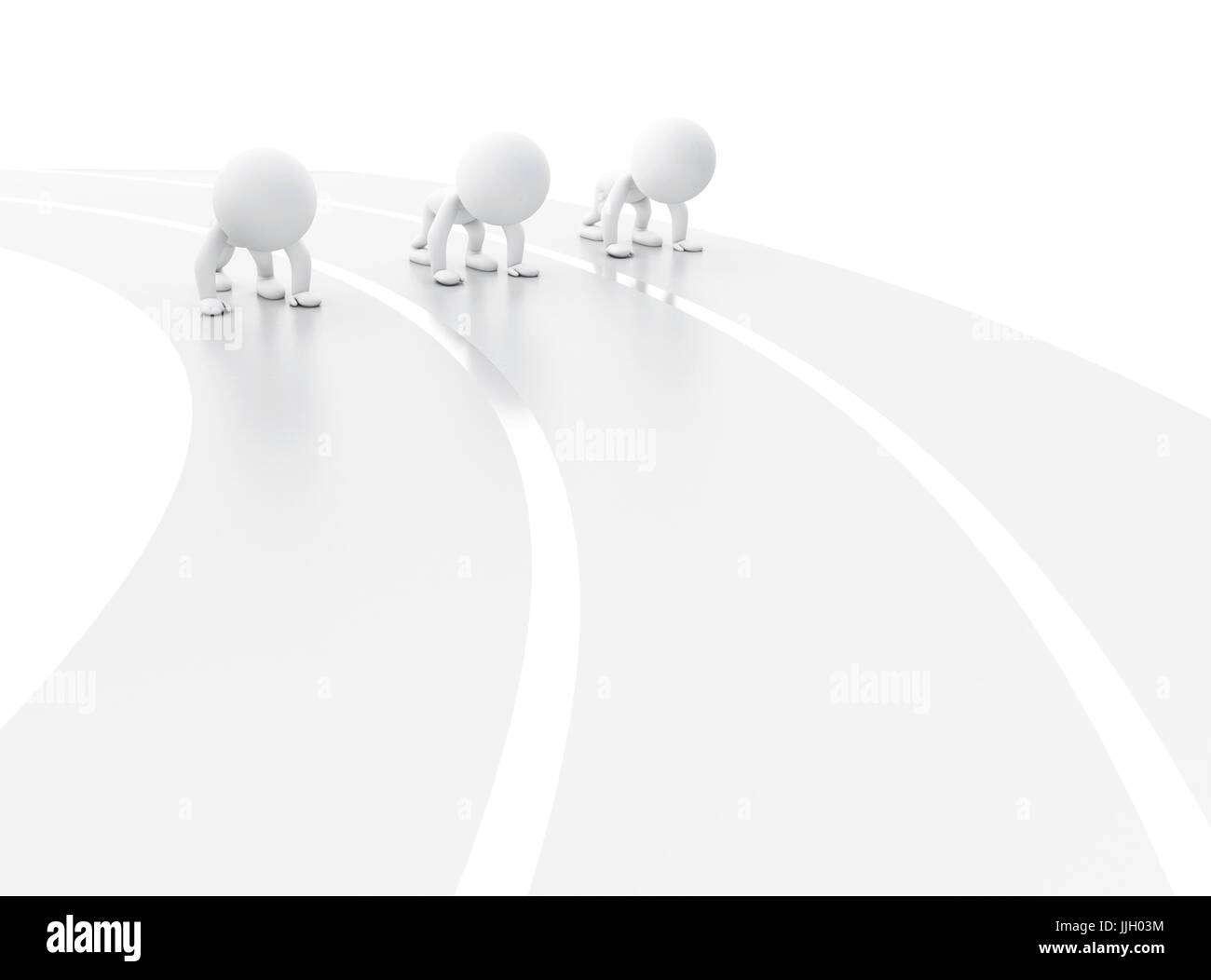 3d illustration. White people at starting line. Isolated white ...