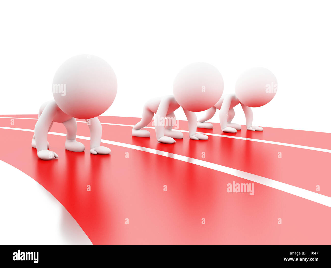 3d illustration. White people at starting line. Isolated white ...