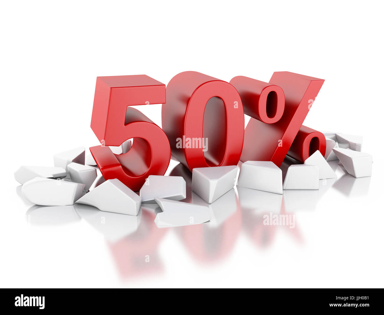 3d illustration. 50% icon on cracked surface. Discount concept ...