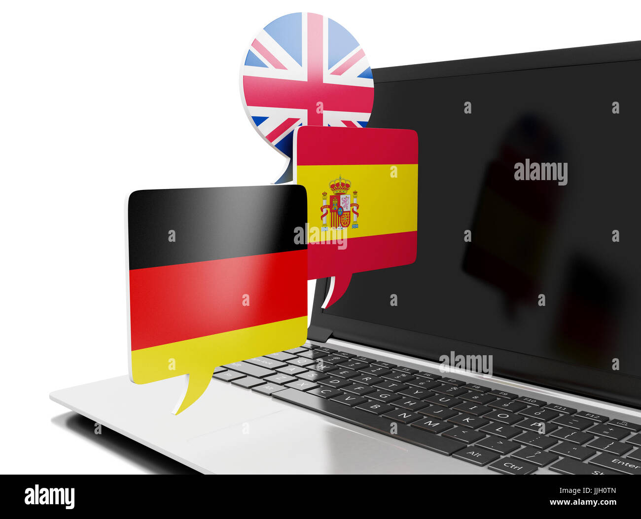 3d illustration. Laptop with bubble speech flags. Learning languages ...
