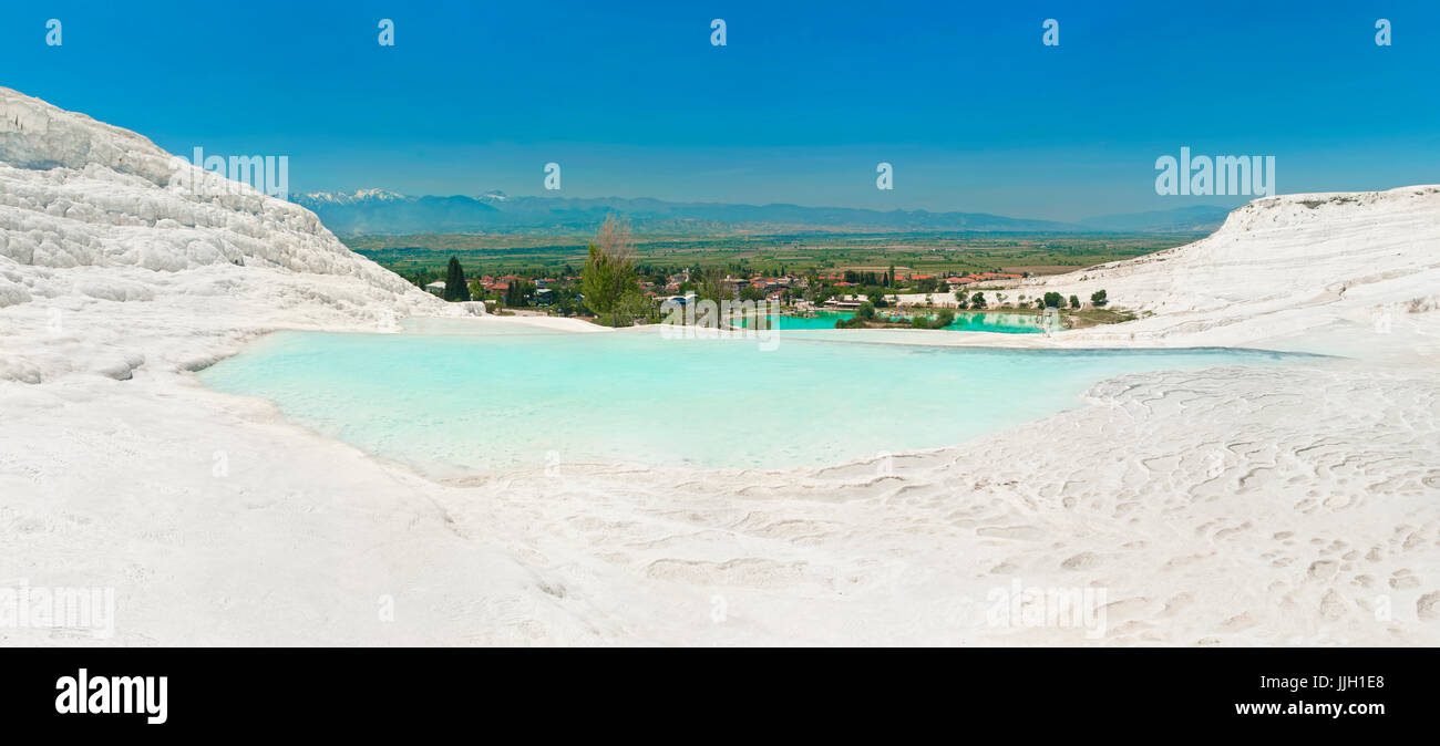 Pamukkale city and travertine terraces panorama with turquoise pool at ...