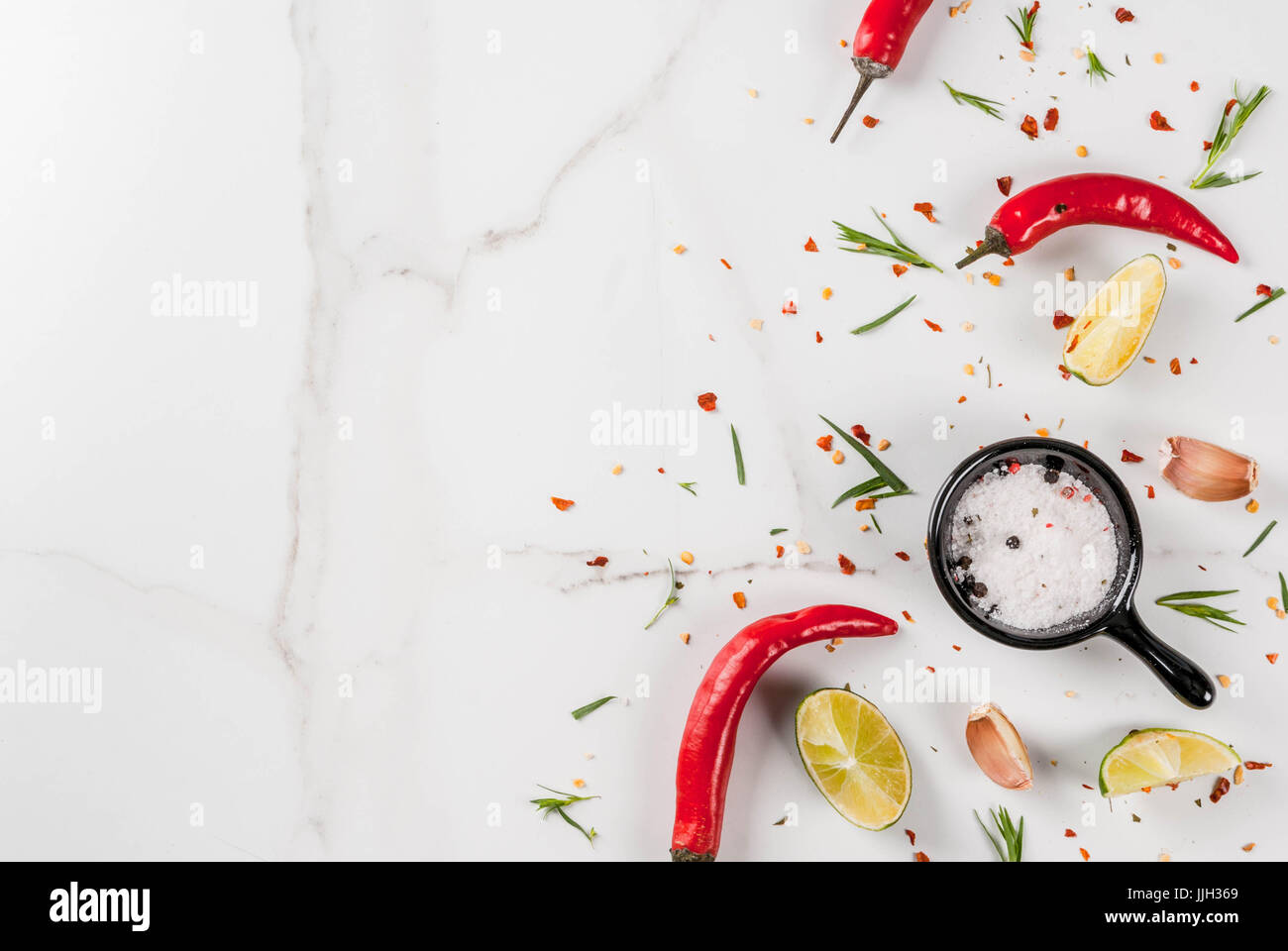 Cooking food background, White marble table with spices - hot red ...