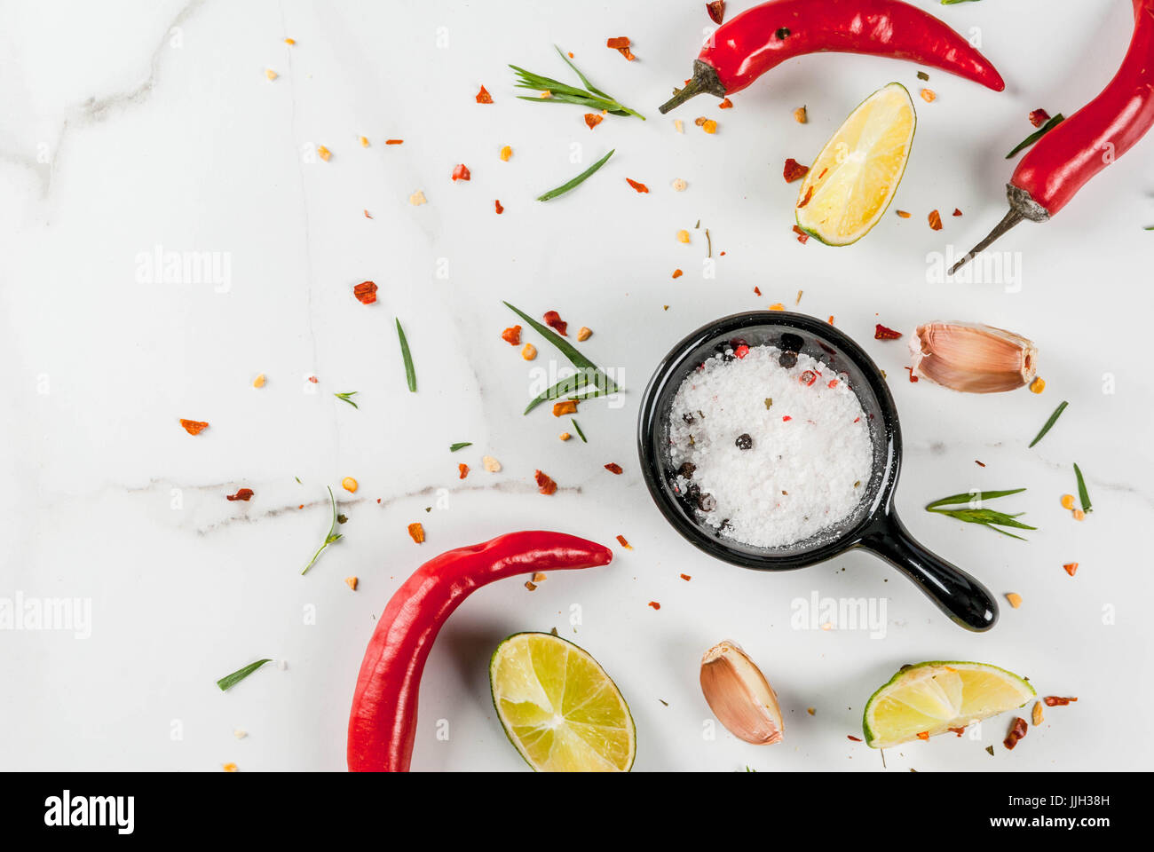 Cooking food background, White marble table with spices - hot red ...