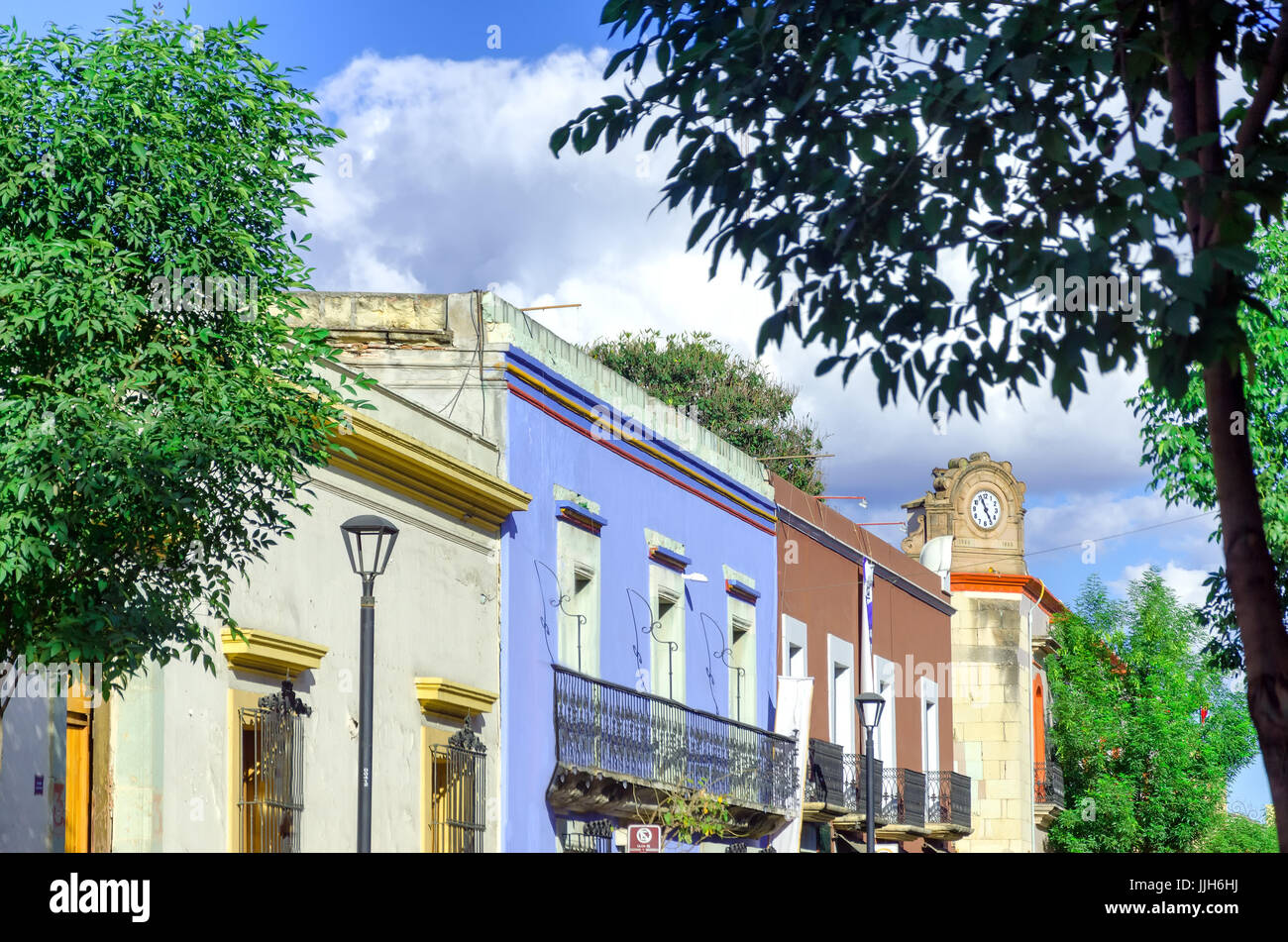 Colorful colonial buildings between trees in Oaxaca, Mexico Stock Photo ...