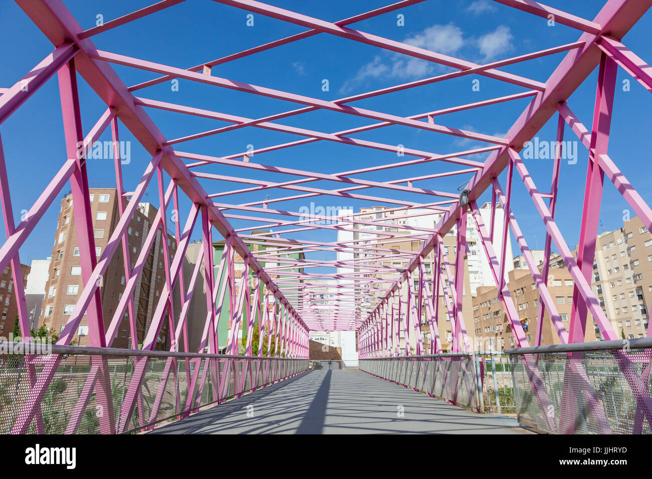 Pink pedestrian bridge in the city of Cartagena. Province of Murcia ...