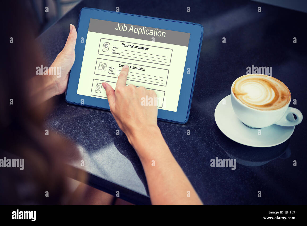 Digitally generated image of Job Application against woman having ...