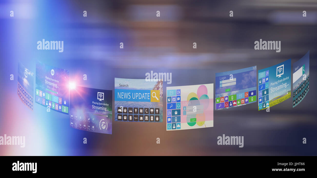 Computer generated image of various screens against blur view of office ...