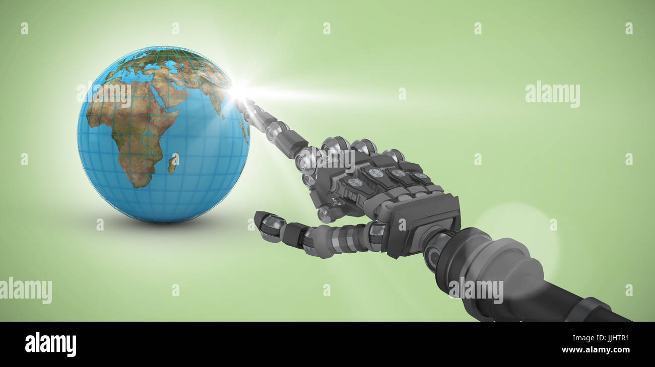 Back robot arm pointing at something against green background Stock ...