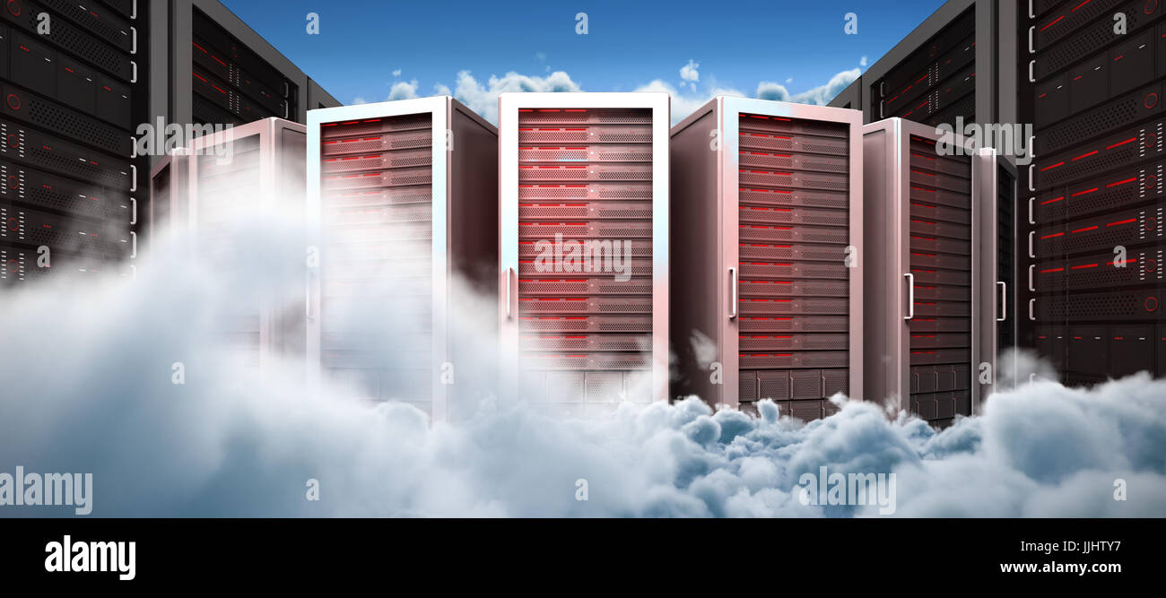 Server towers against clouds against blue sky Stock Photo - Alamy