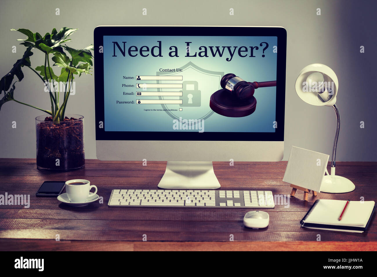Graphic interface of lawyer contact form against computer with personal ...