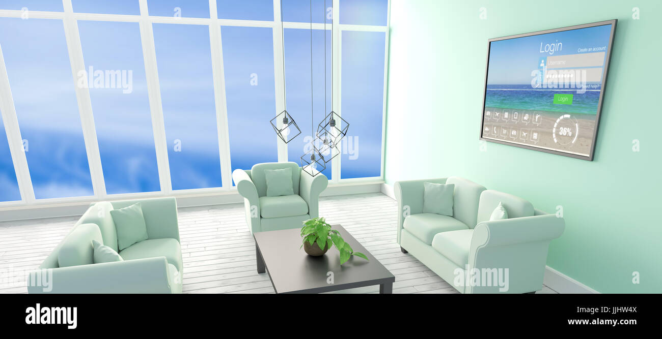 Digitally composite image of login window with text and various icons ...