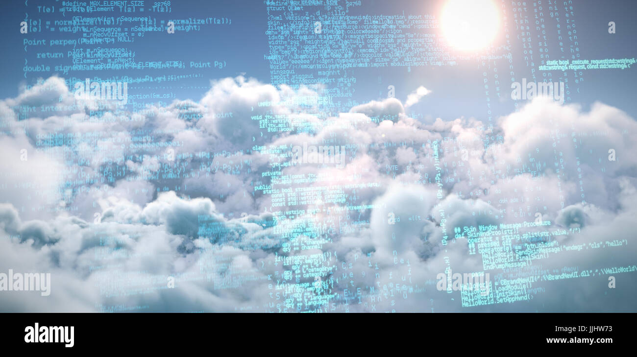 Composite image of binary codes against idyllic view of bright sun over ...