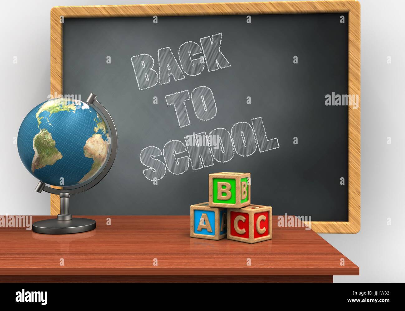 3d illustration of grey chalkboard with back to school text and abc ...