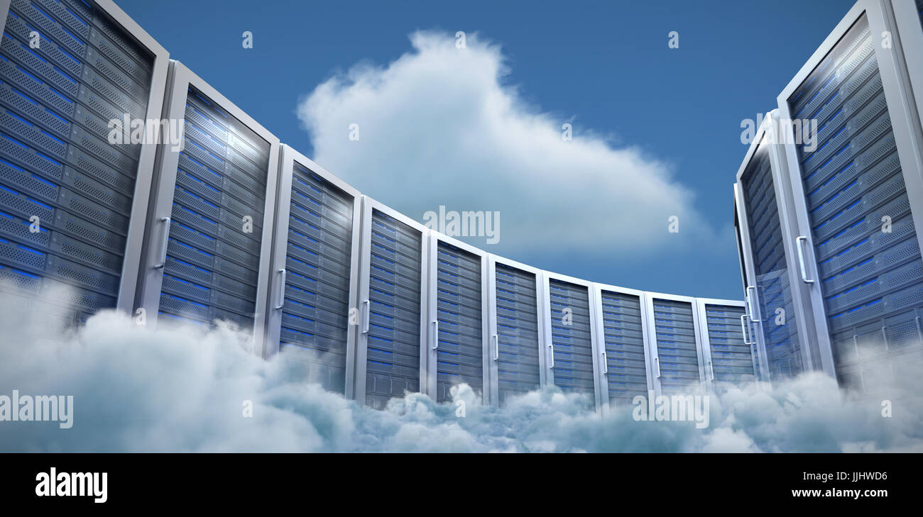 Server towers against scenic view of white cloud against sky Stock ...