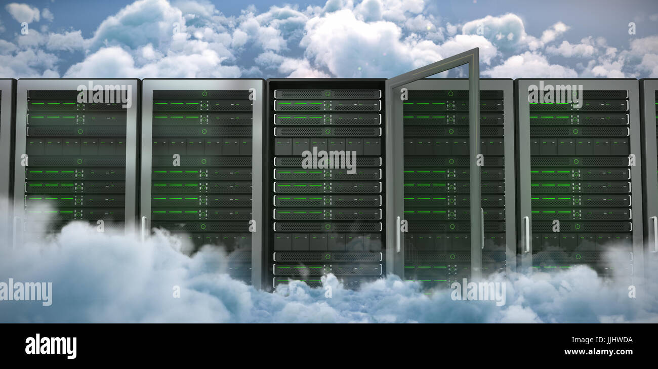 Server towers against idyllic view of bright sun over cloudscape during ...