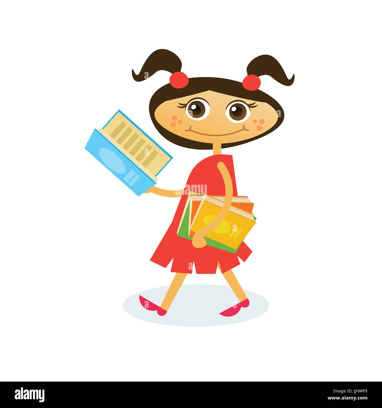 Little Girl Reading On Walk Hold Stack Of Books Stock Vector Image ...