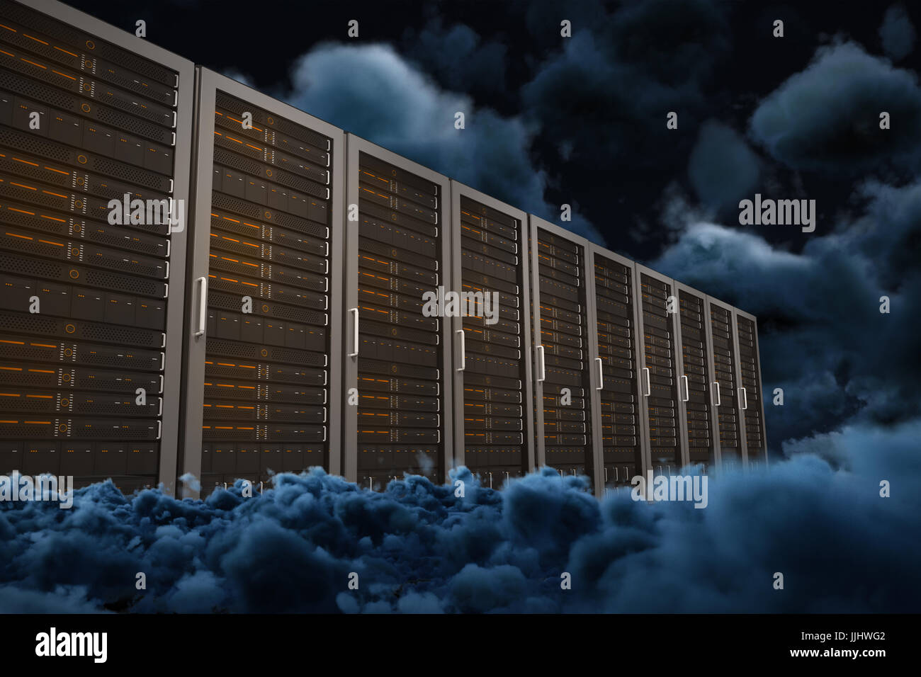 Server towers against view of cloudscape against sky at night Stock ...