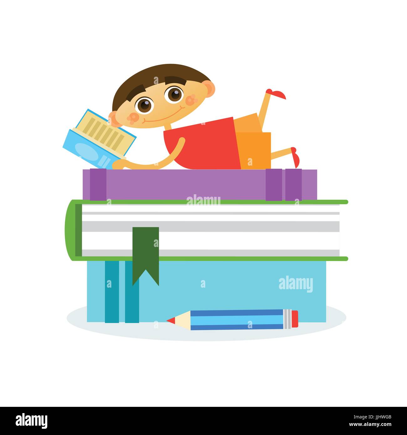 Little Boy Lying On Stack Of Books Reading Cute Kid Stock Vector Image ...