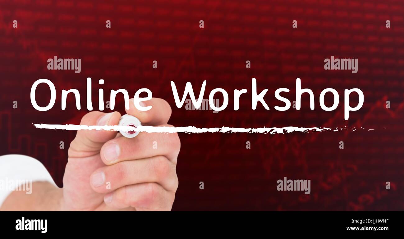 Businessman writing on the screen: ONLINE WORKSHOP. Stock market ...