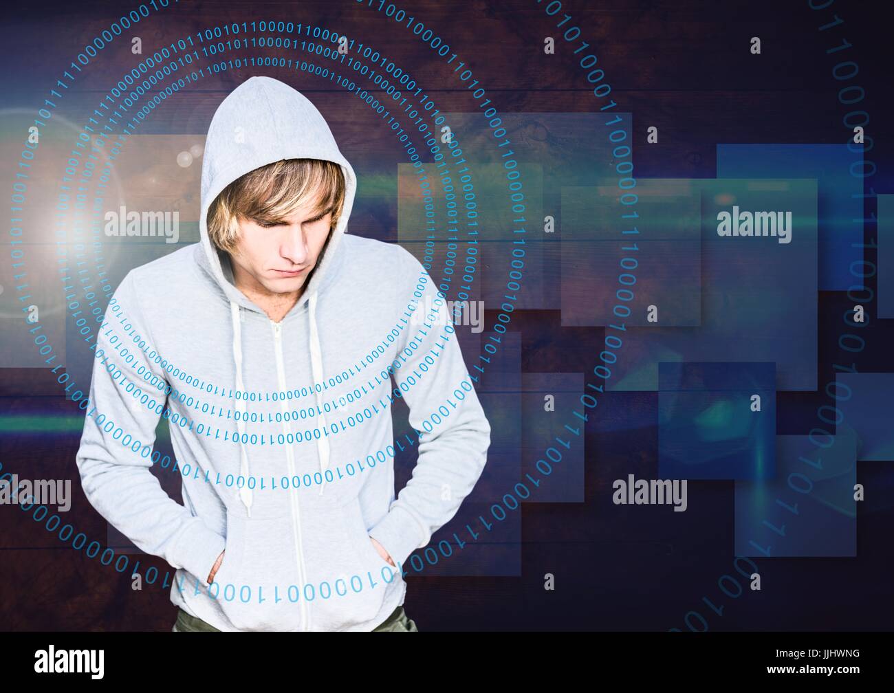 Blond hair hacker in front of blue digital background Stock Photo - Alamy
