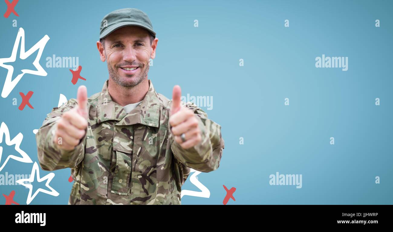 Soldier giving two thumbs up against blue background with red and white ...