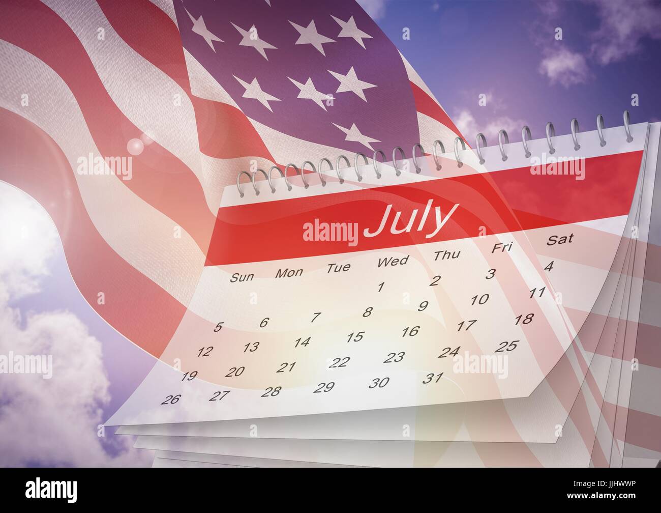 3D July calendar with flutterinf american flag in background Stock ...