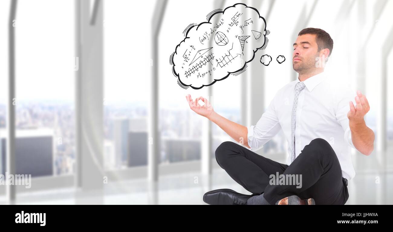Business man meditating against window with 3D thought cloud showing ...