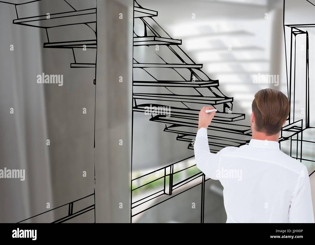 Man drawing 3D office stair lines Stock Photo - Alamy
