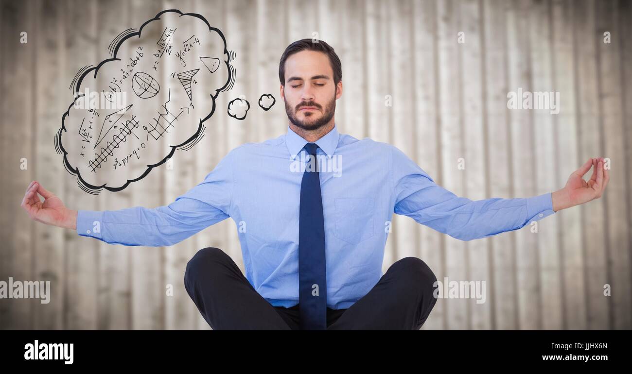 Business man meditating with thought cloud showing 3D math doodles ...