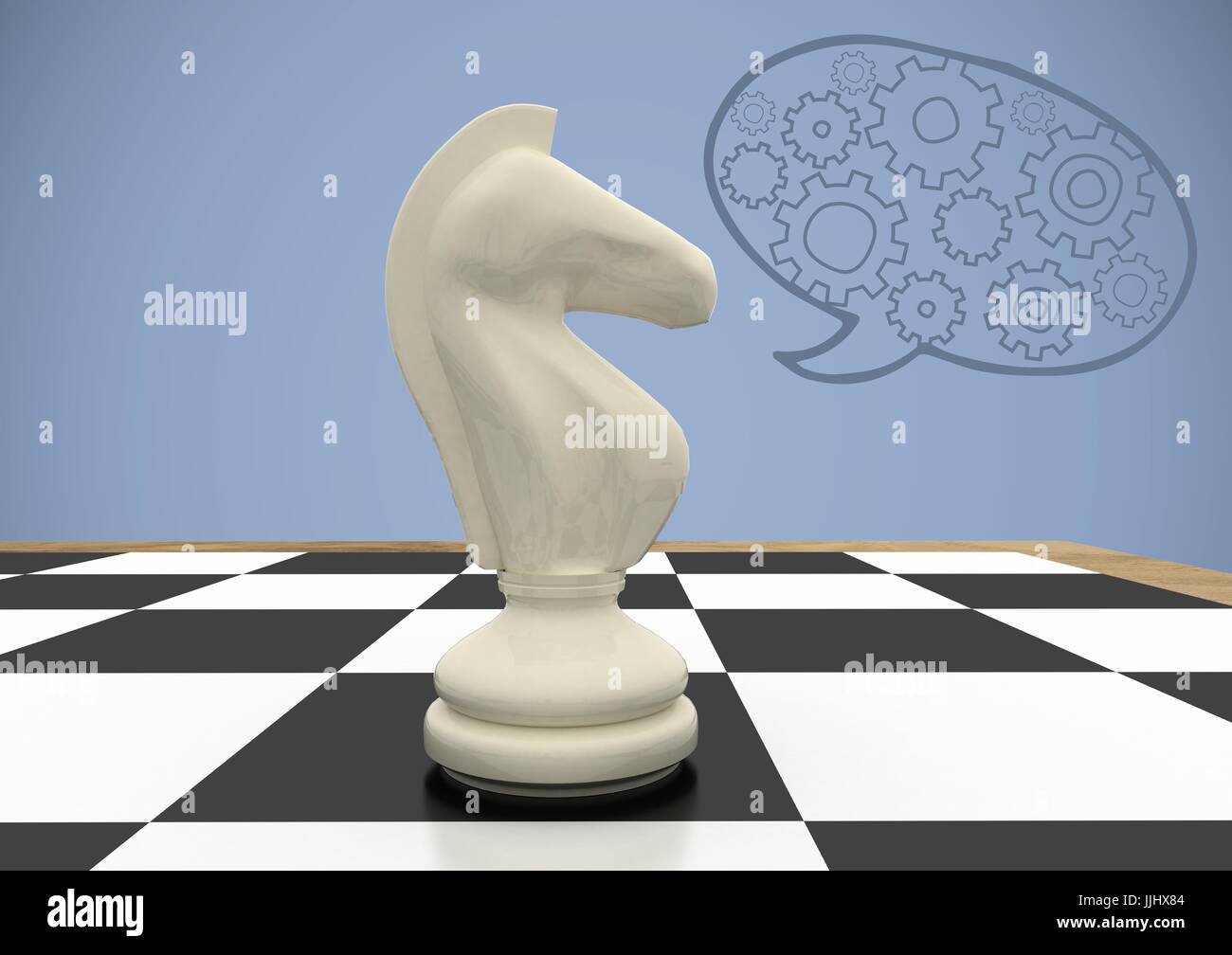 3D Chess pieces against purple background and speech bubble with cogs ...