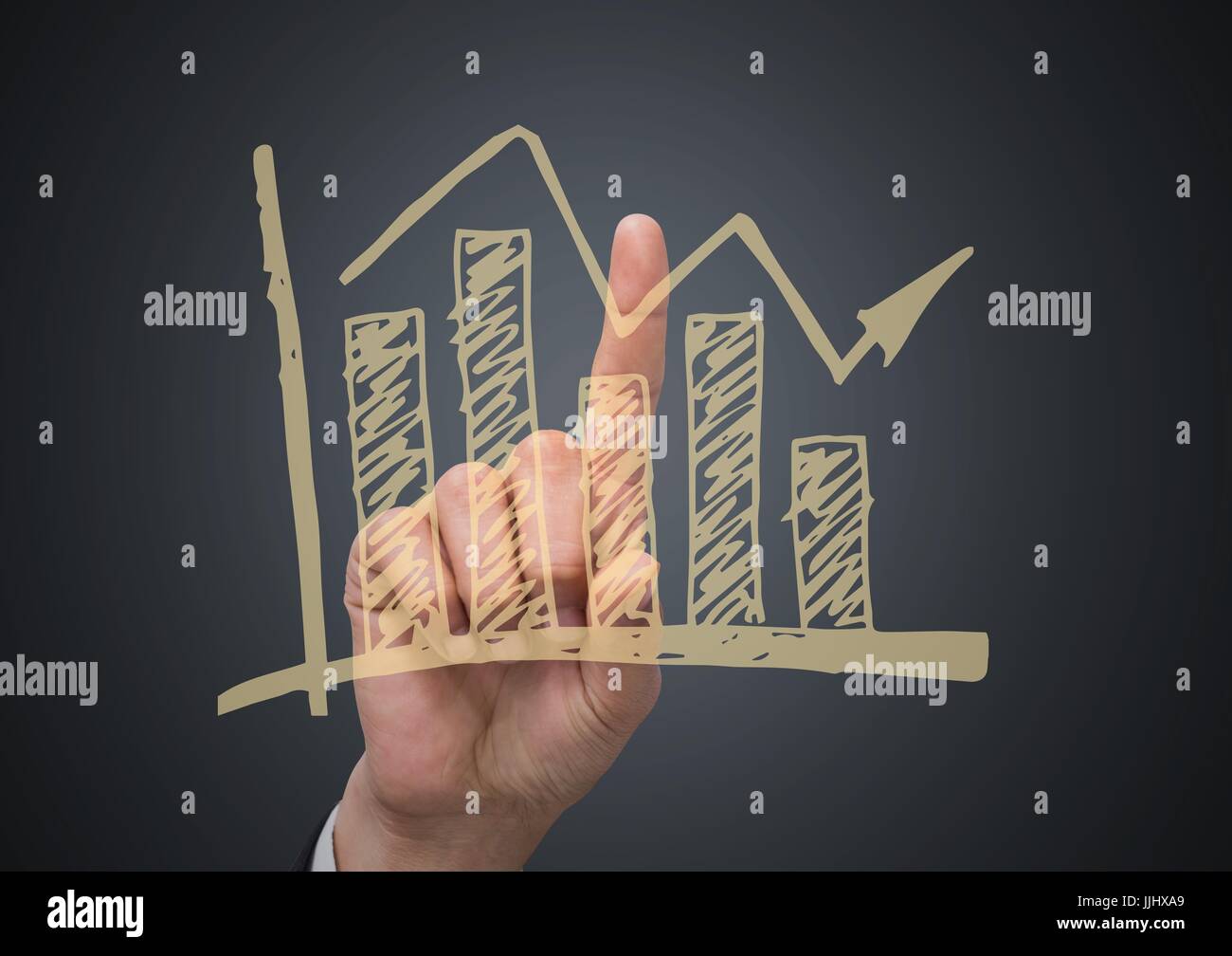 Hand pointing at 3d yellow graph doodle against grey background Stock ...