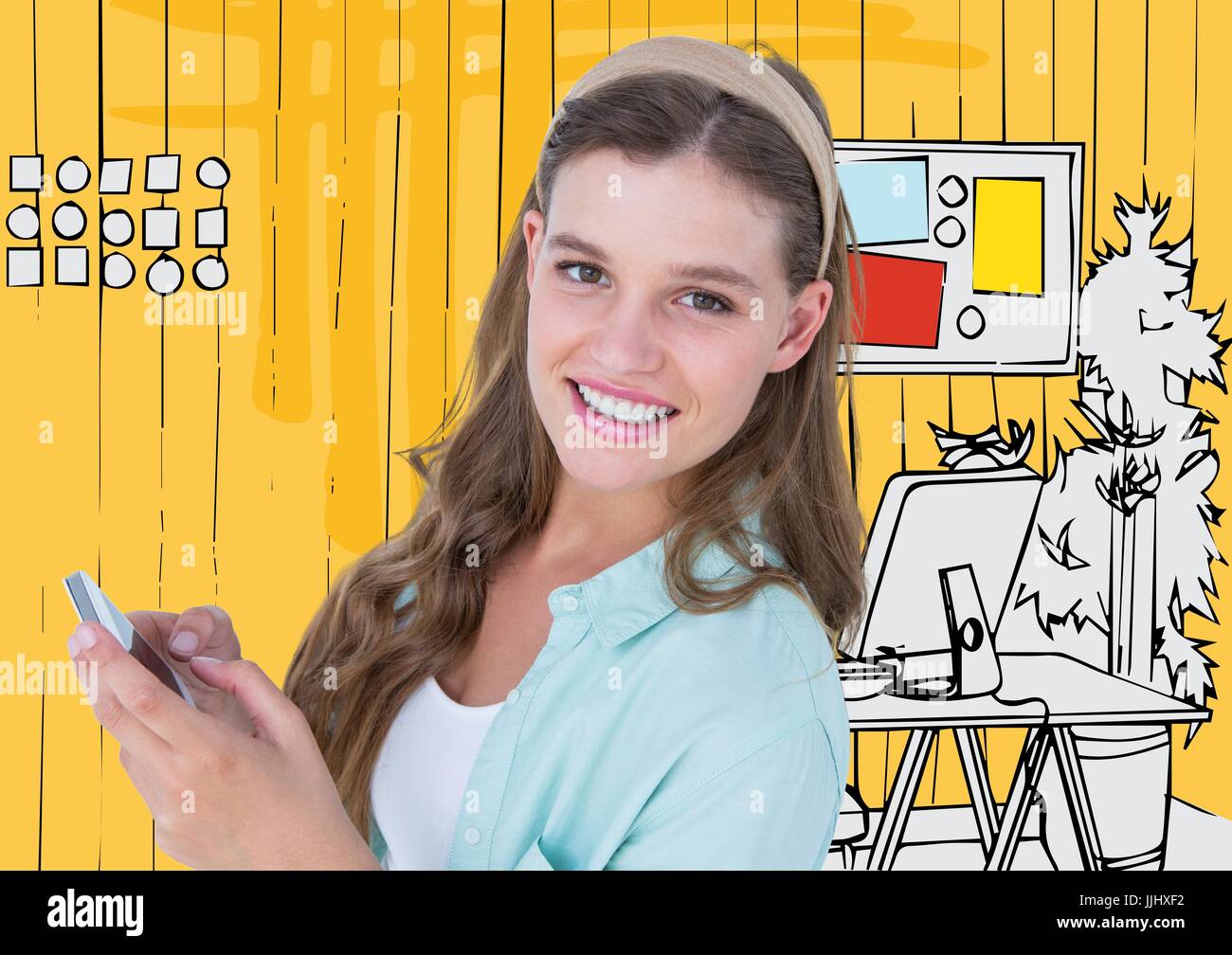 Millennial woman with phone against yellow hand drawn office Stock ...