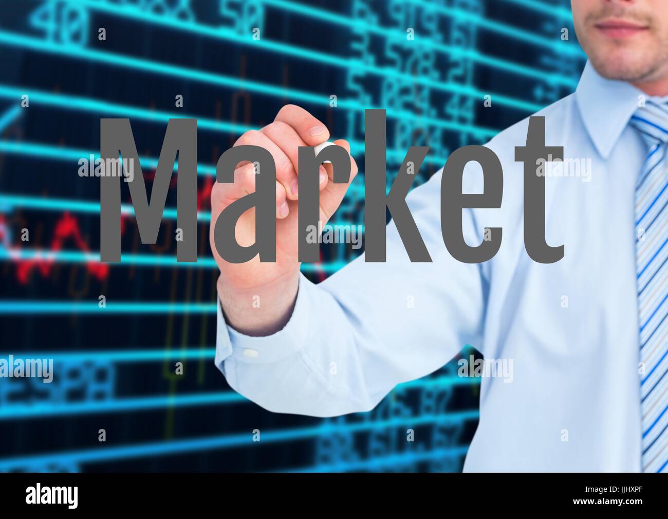 Woman hand writing MARKET in the screen with stock market background ...