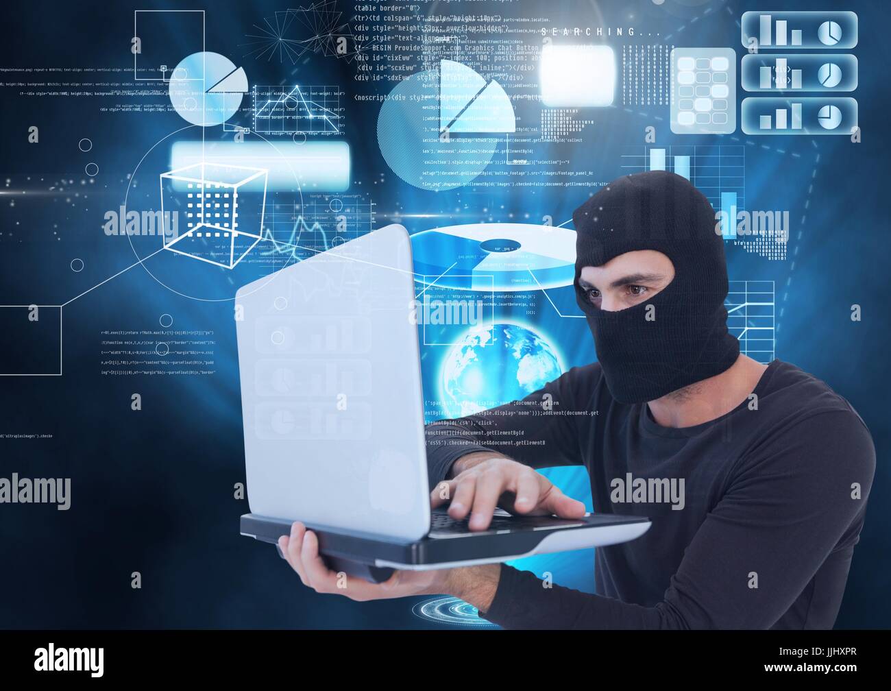 Hacker using a laptop in front of digital background Stock Photo - Alamy