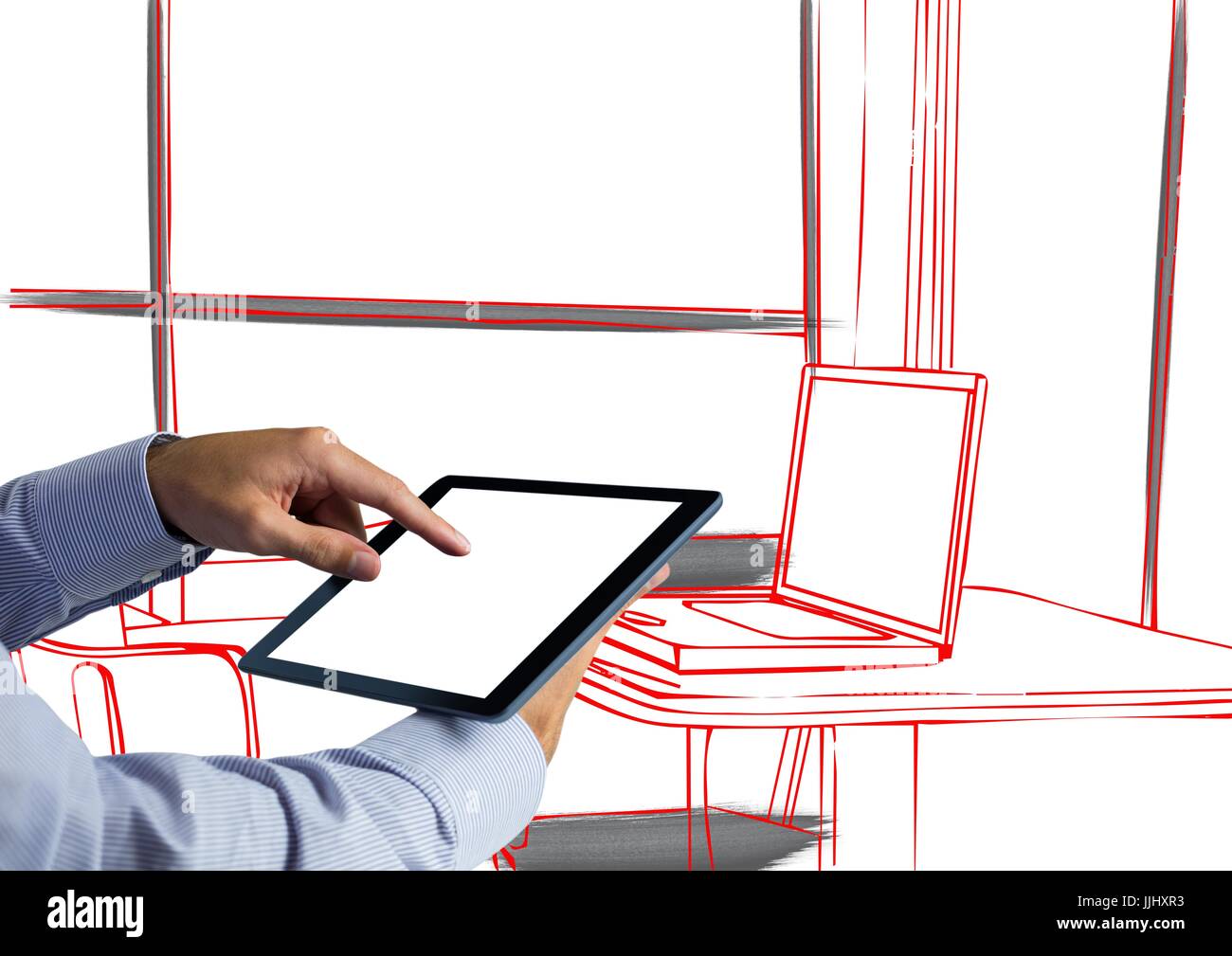 hand with tablet in front of office red lines with black details Stock ...