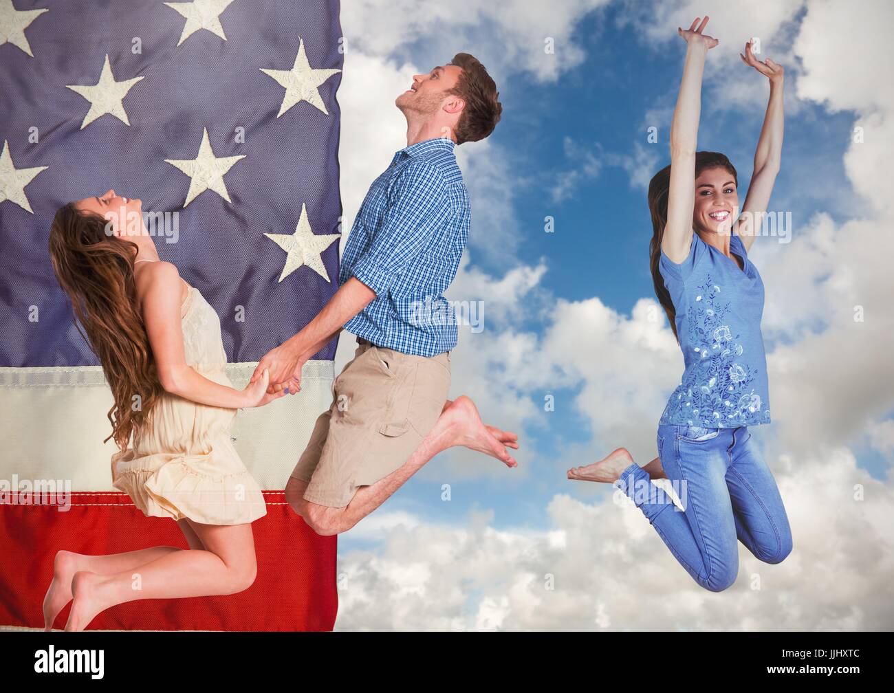 Smiling friends jumping in front of a 3d american flag Stock Photo - Alamy