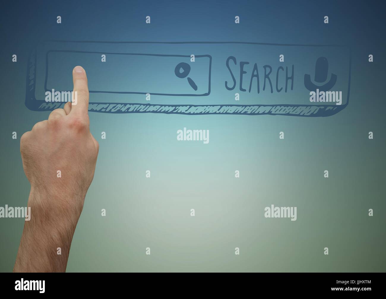 Hand pointing at 3d search bar against blue green background Stock ...