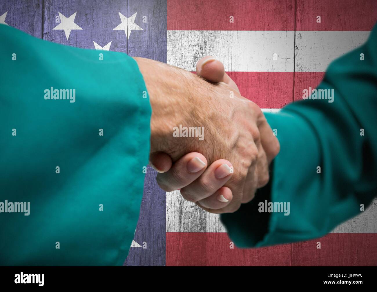 3d Handshake for independence day against american flag background ...