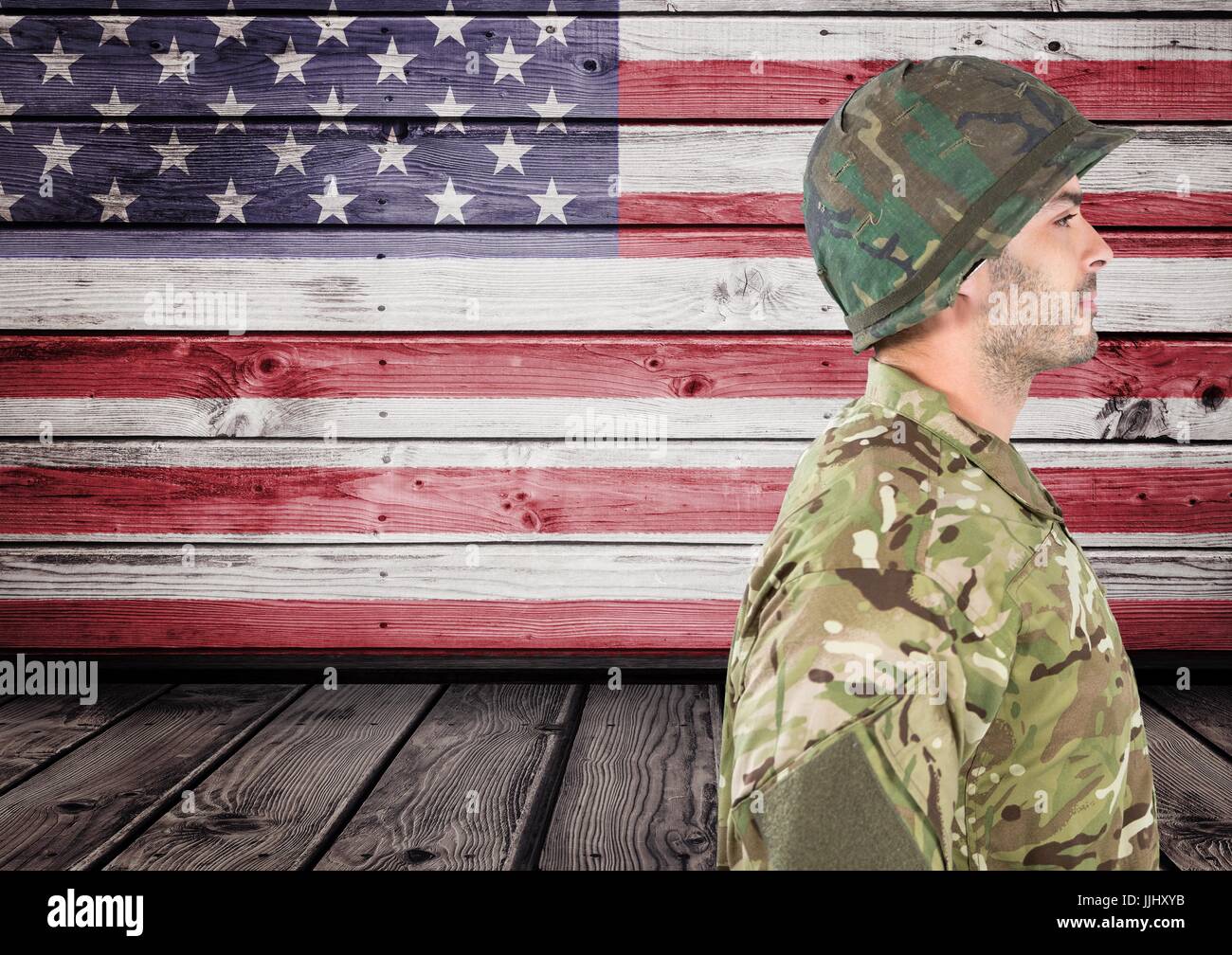 Military standing against american flag Stock Photo - Alamy