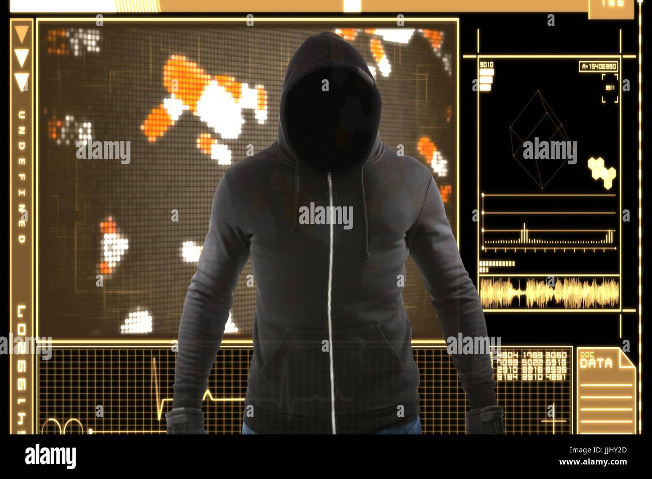 Masked hacker standing in front of an interface Stock Photo - Alamy