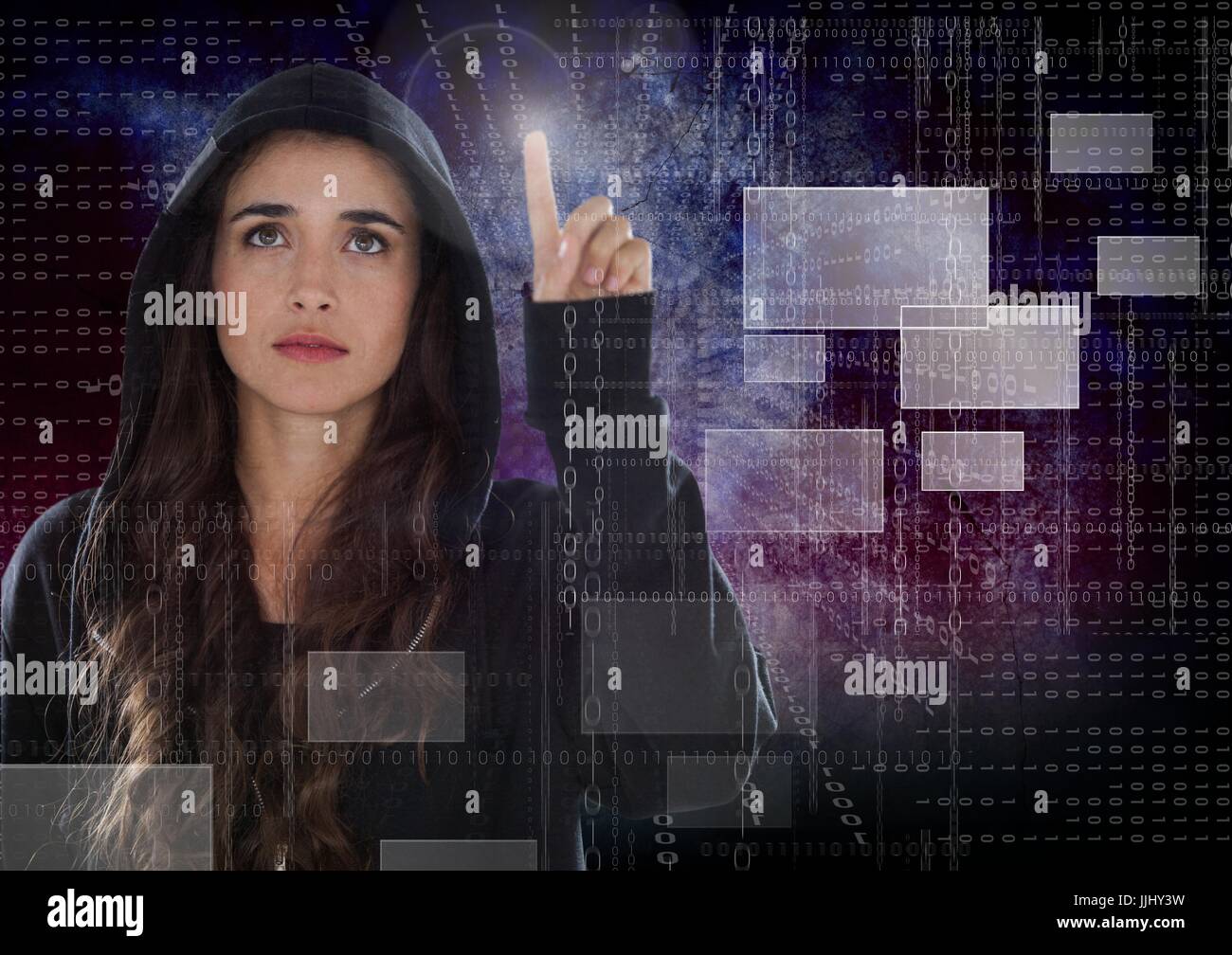Woman hacker touching the 3d screen with his finger Stock Photo - Alamy