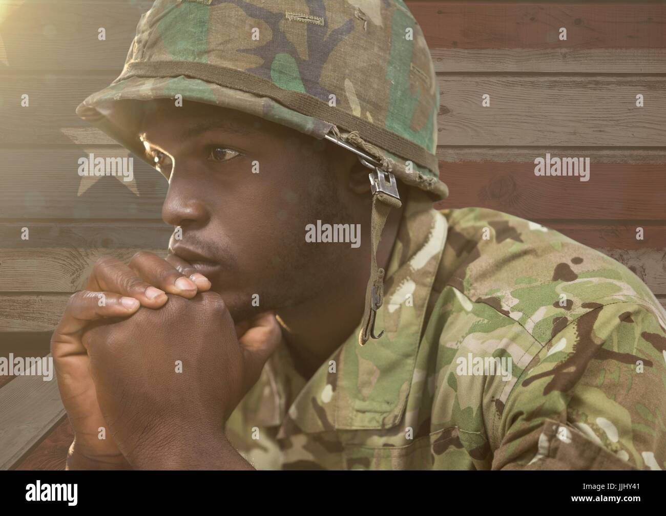 3d Wondering soldier against a wooden american flag background Stock ...