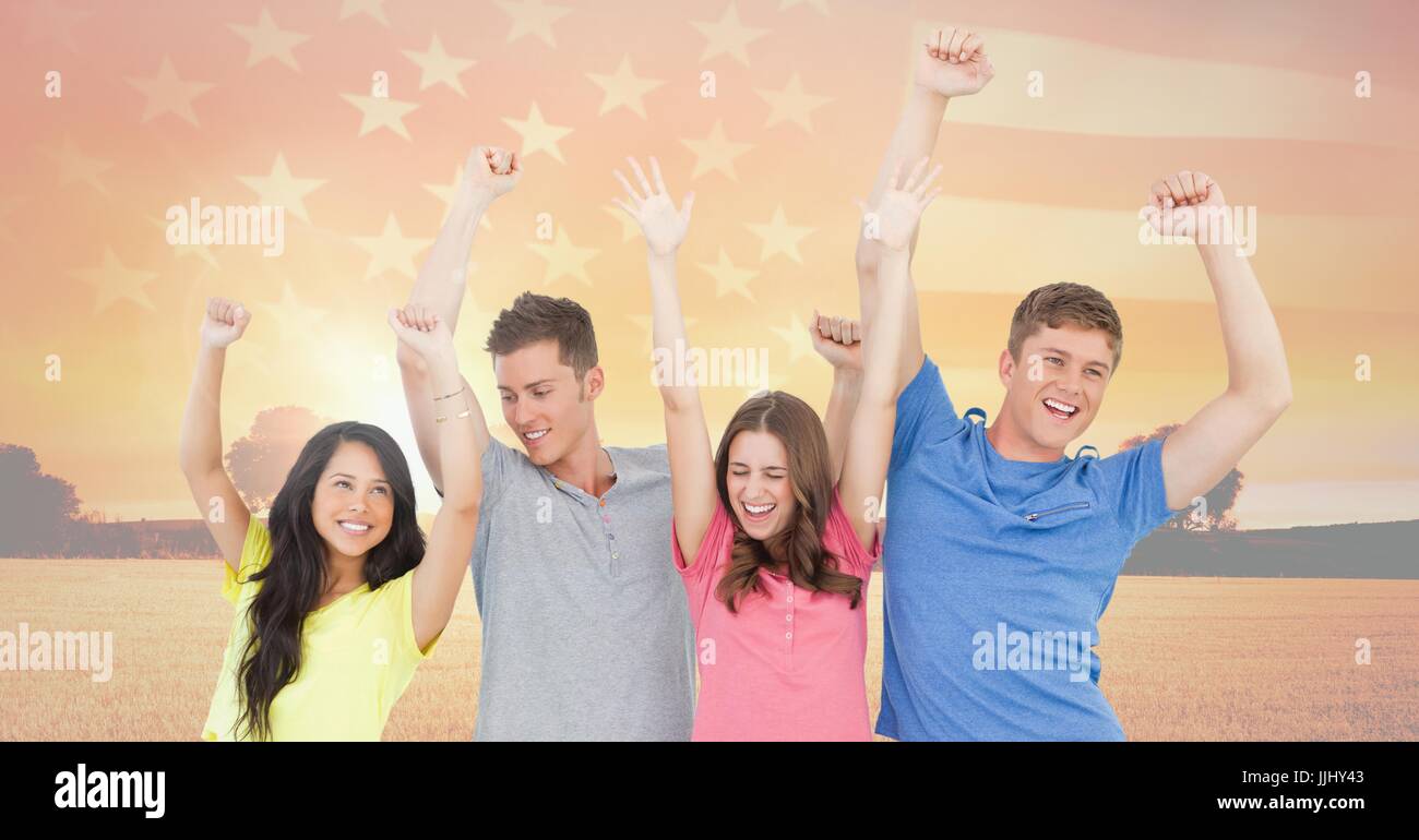 Smiling 3d friends throwing up their hands with an american flag in the ...