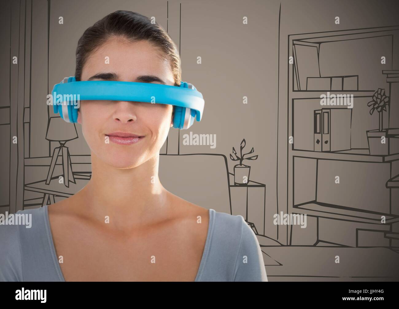 Woman in blue virtual reality headset against brown hand drawn office ...