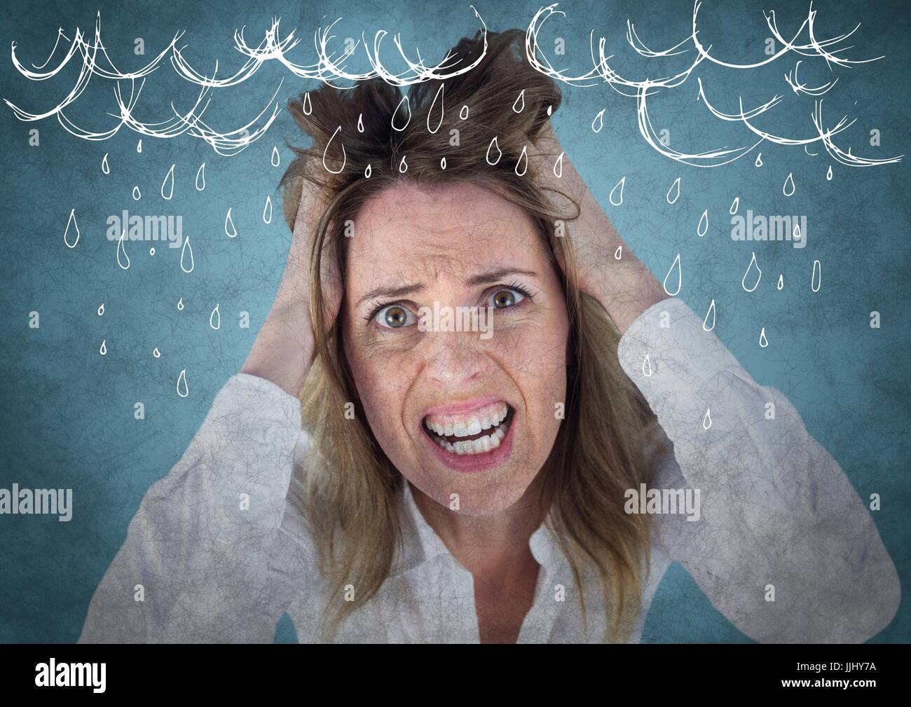 Frustrated business woman against blue background and grunge overlay ...